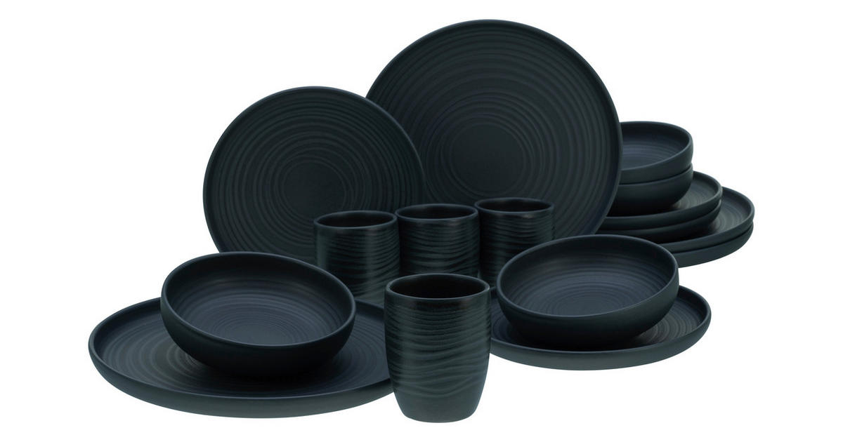CreaTable Kombiservice Uno Black Lava Stone schwarz Steinzeug 16 tlg ...