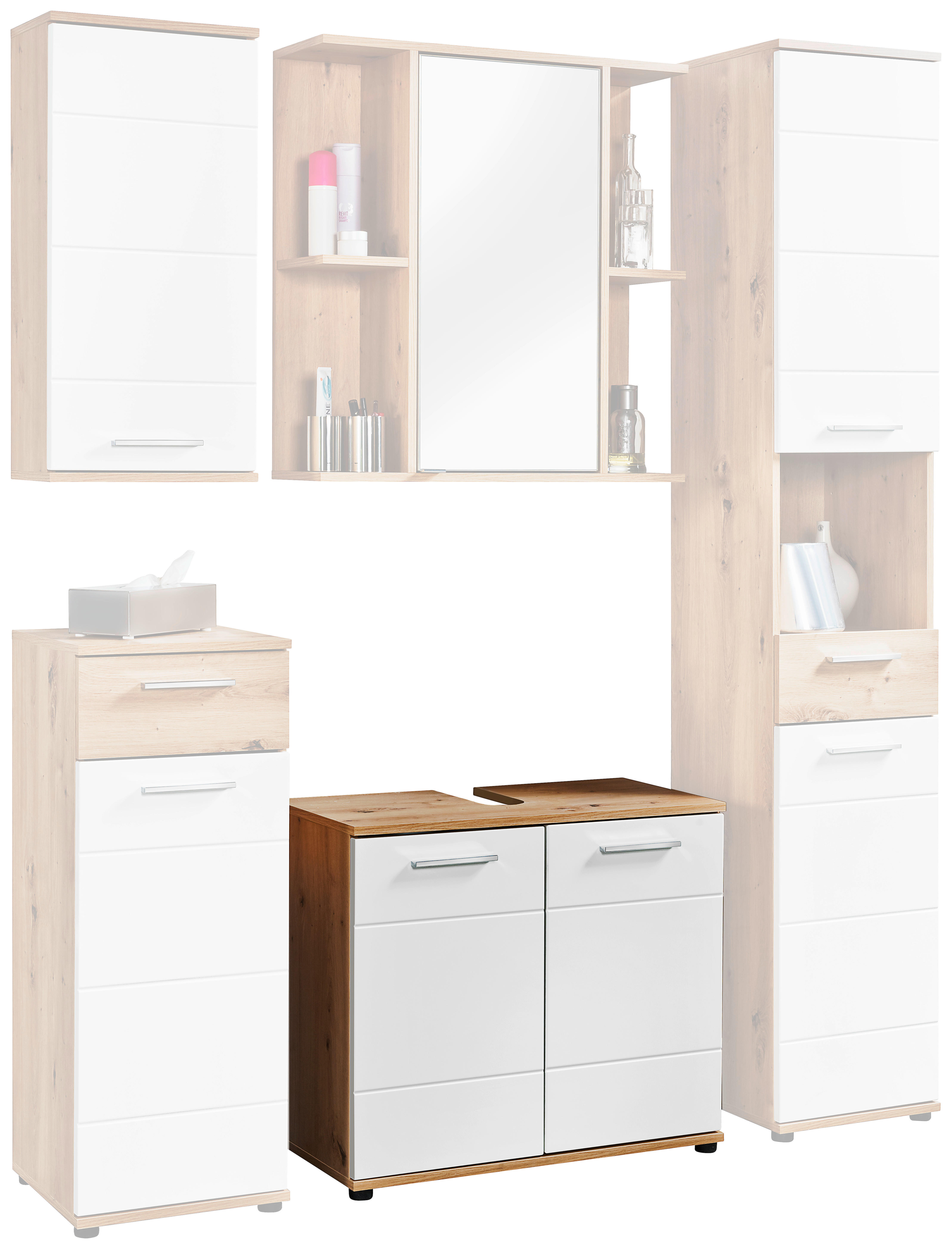Waschbeckenunterschrank Bergen Eiche Artisan Nachbildung weiß Hochglanz ...